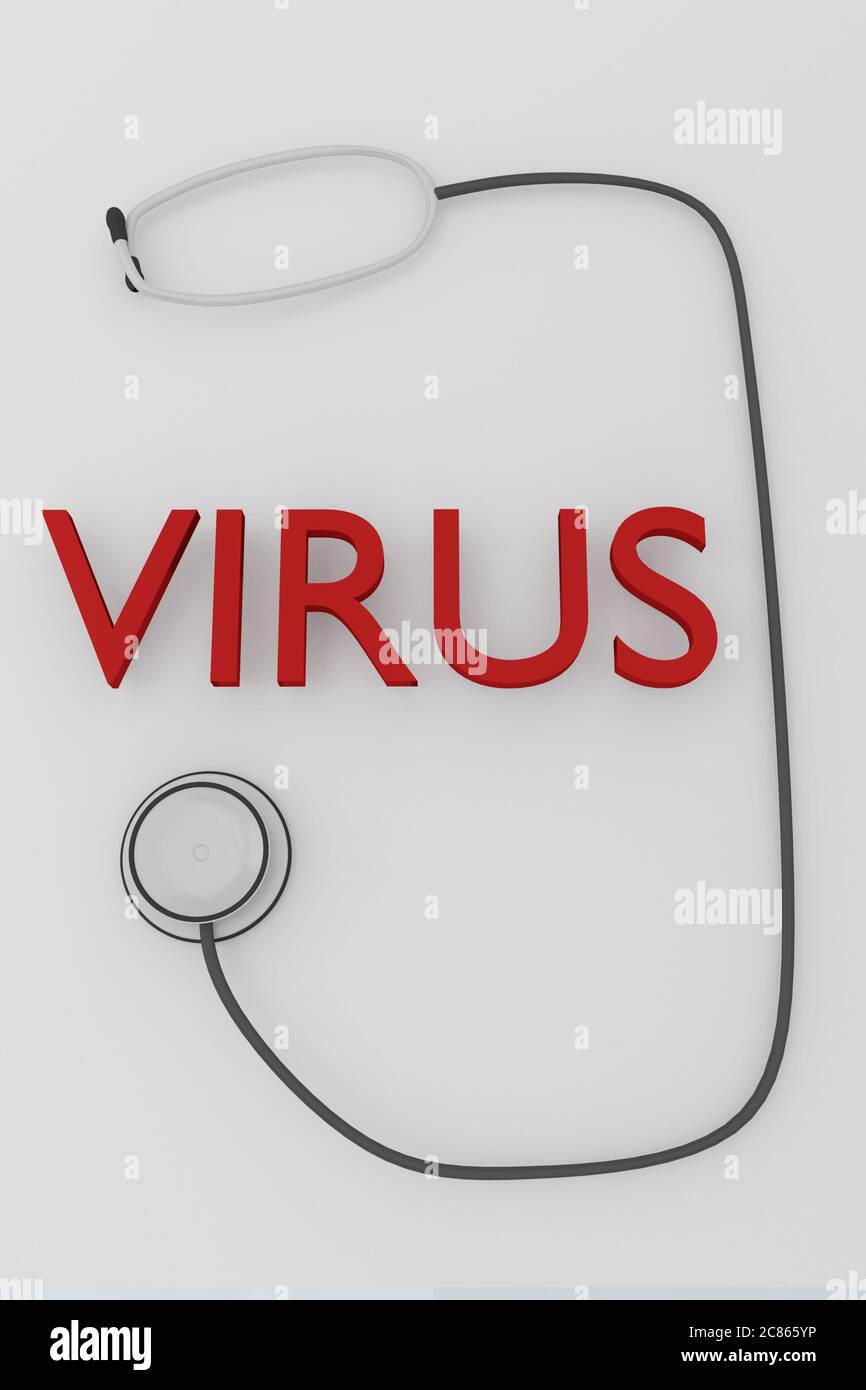3D illustration of VIRUS script with stethoscope, isolated over pale ...