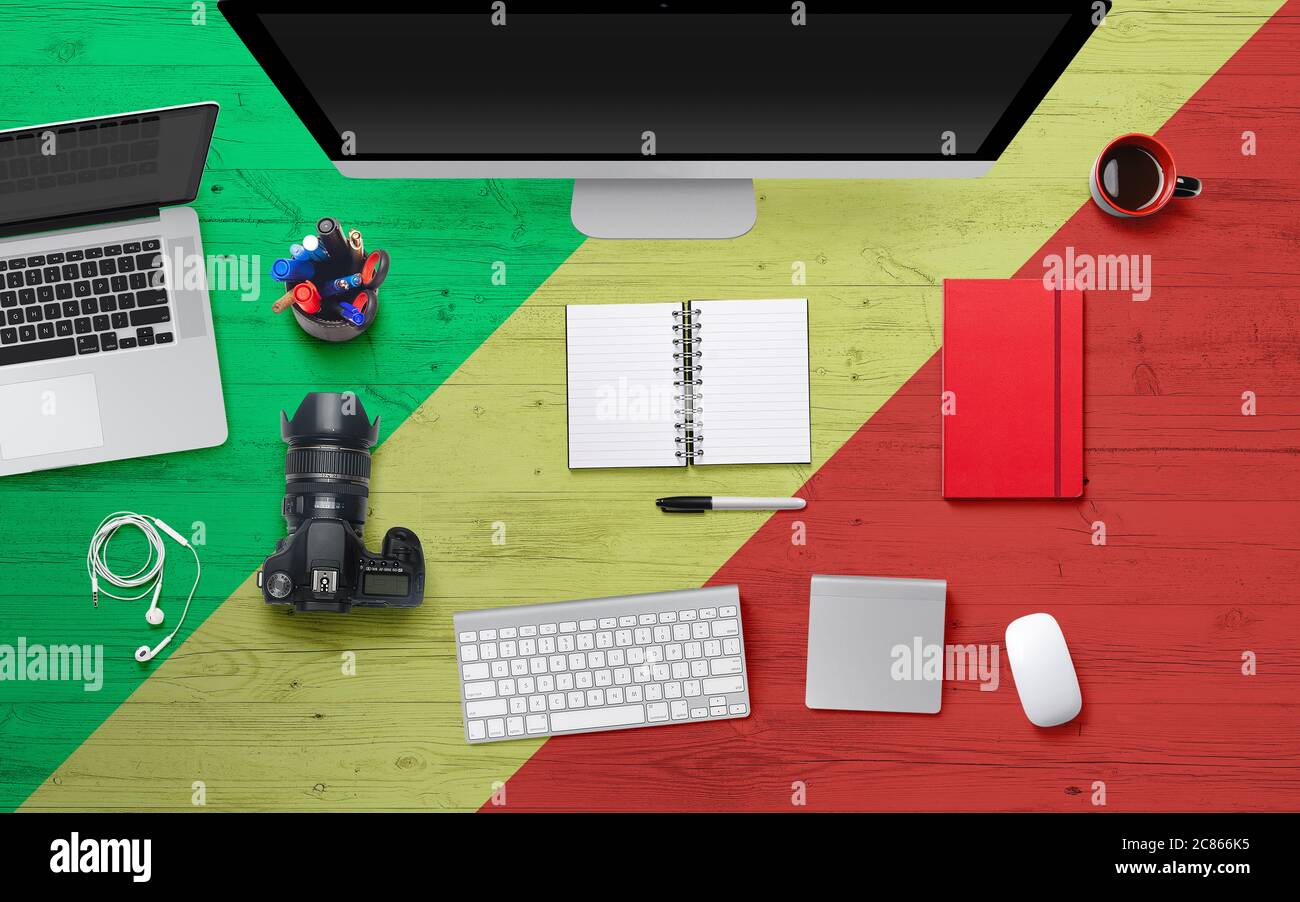 Republic Of The Congo flag background with headphone,camera, notebook ...