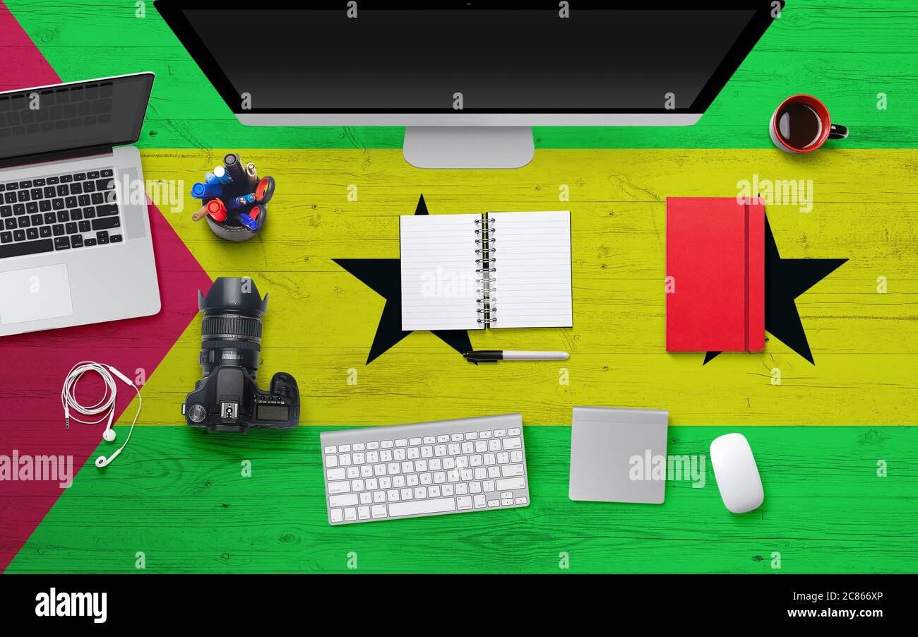 Sao Tome And Principe flag background with headphone,camera, notebook ...