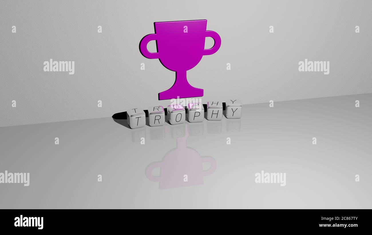 3D illustration of trophy graphics and text made by metallic dice ...