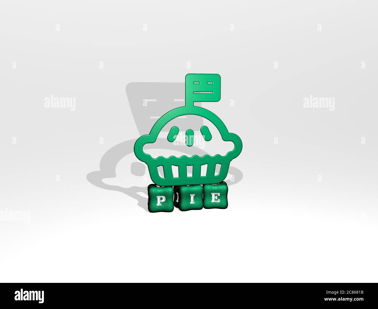 3D illustration of pie graphics and text made by metallic dice letters ...