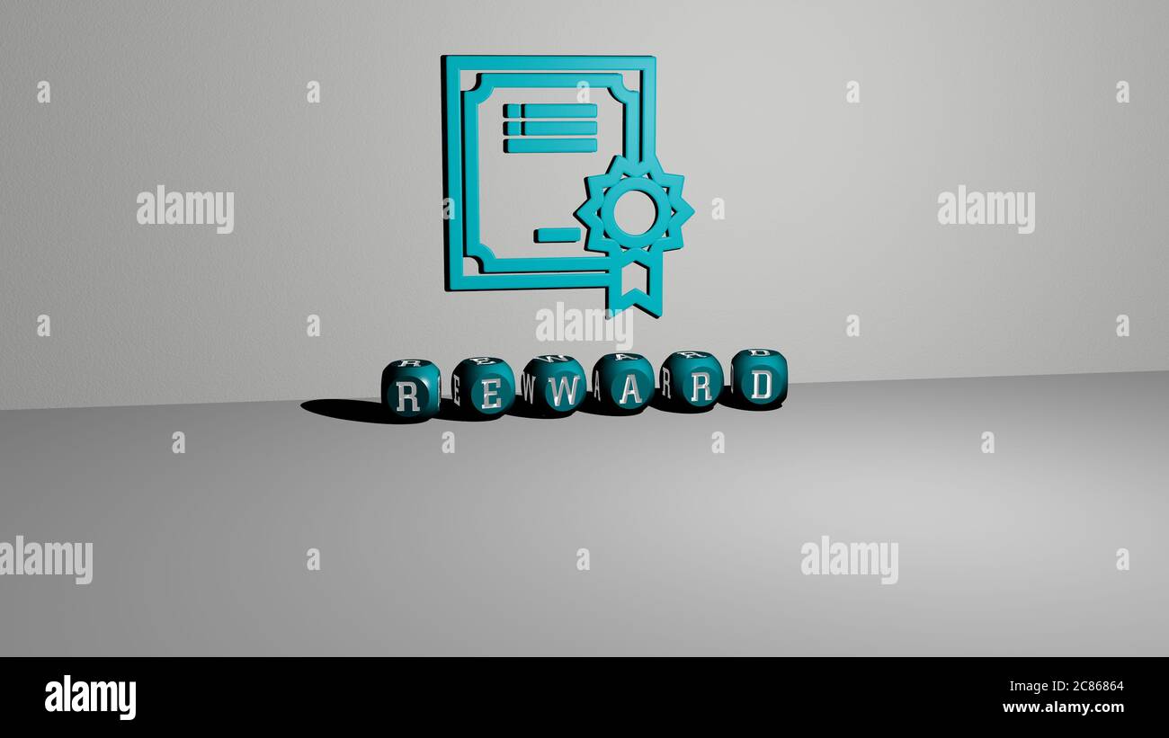 3D representation of REWARD with icon on the wall and text arranged by ...