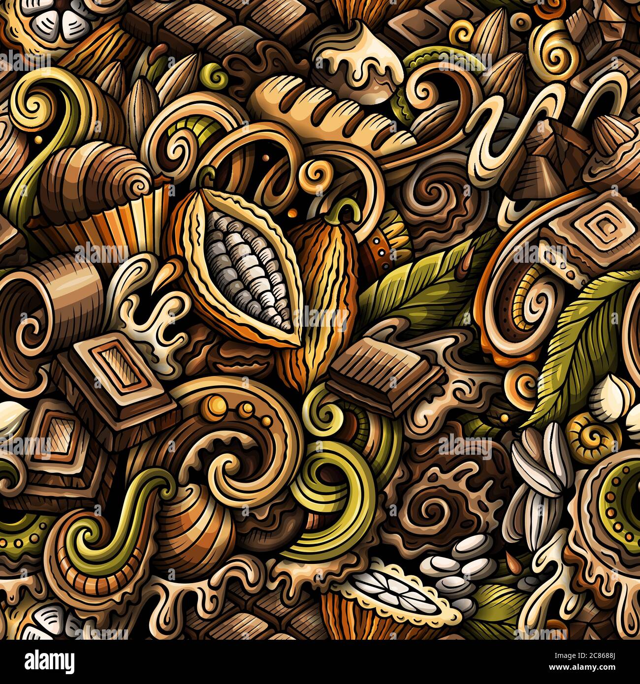 Chocolate hand drawn doodles seamless pattern. Cocoa vector ...