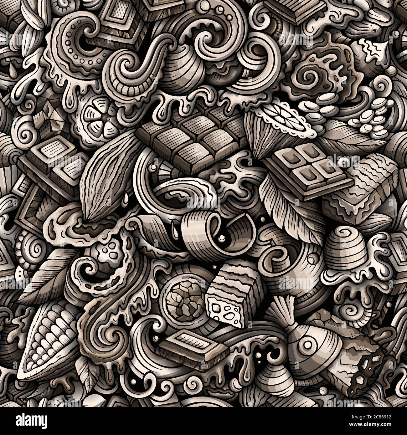 Chocolate hand drawn doodles seamless pattern. Cocoa vector ...