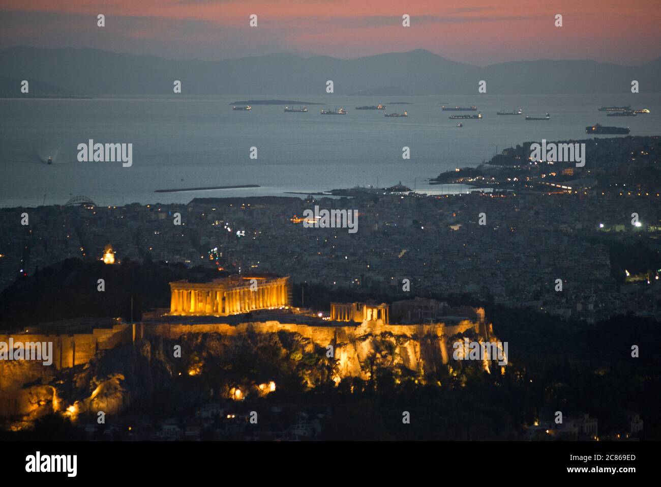 Sundown in Athens, view from Lycabettus Mountain with the Acropolis and ...