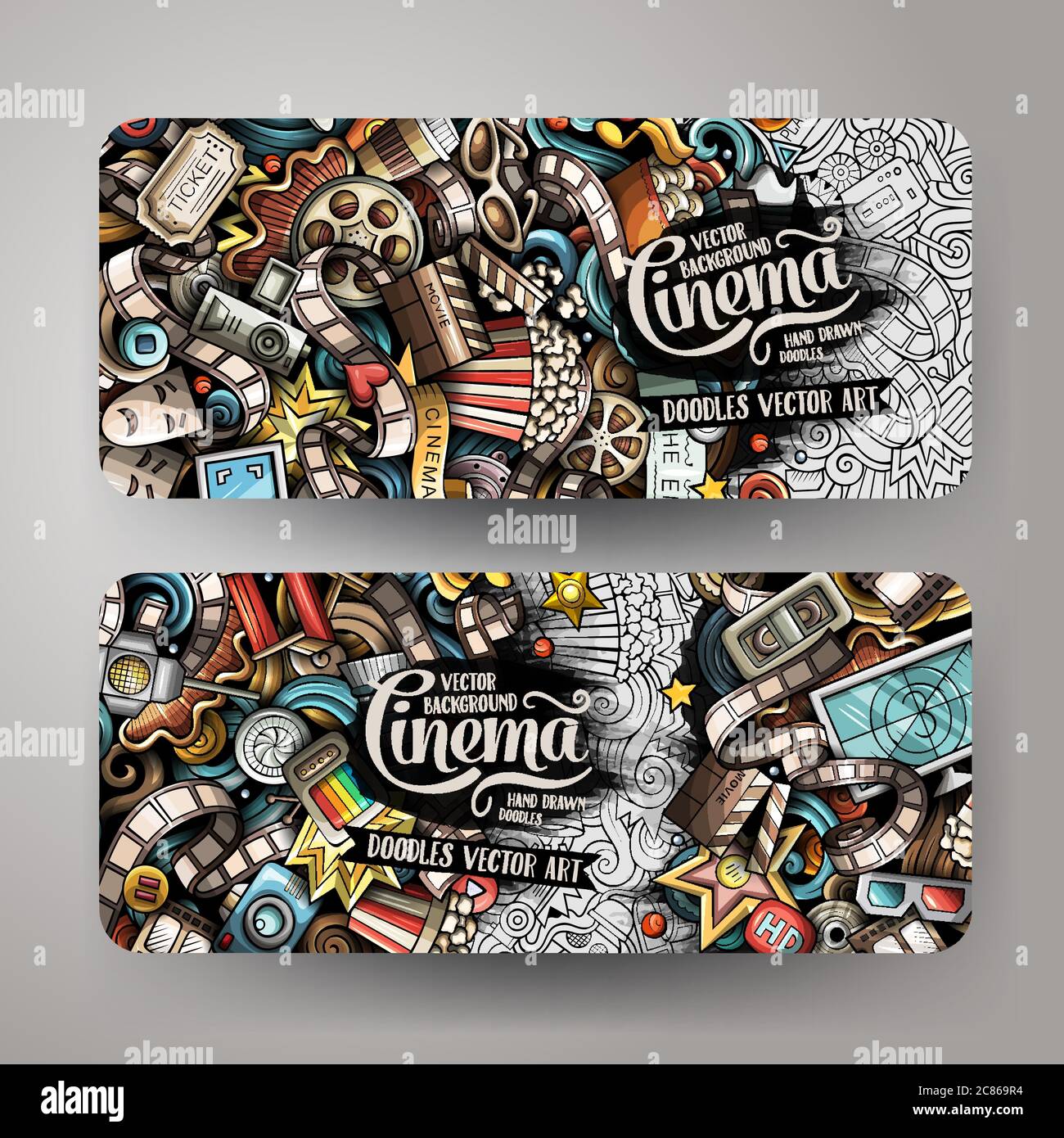 Cartoon vector doodles Cinema horizontal banners Stock Vector Image ...