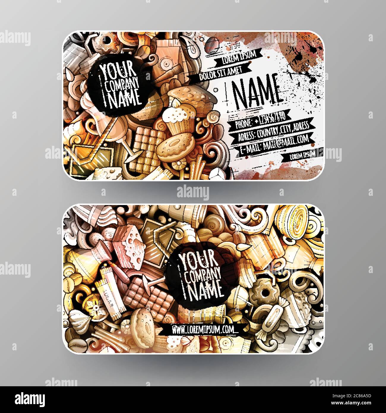 Cartoon graphics watercolor vector doodles Coffee id cards Stock Vector ...