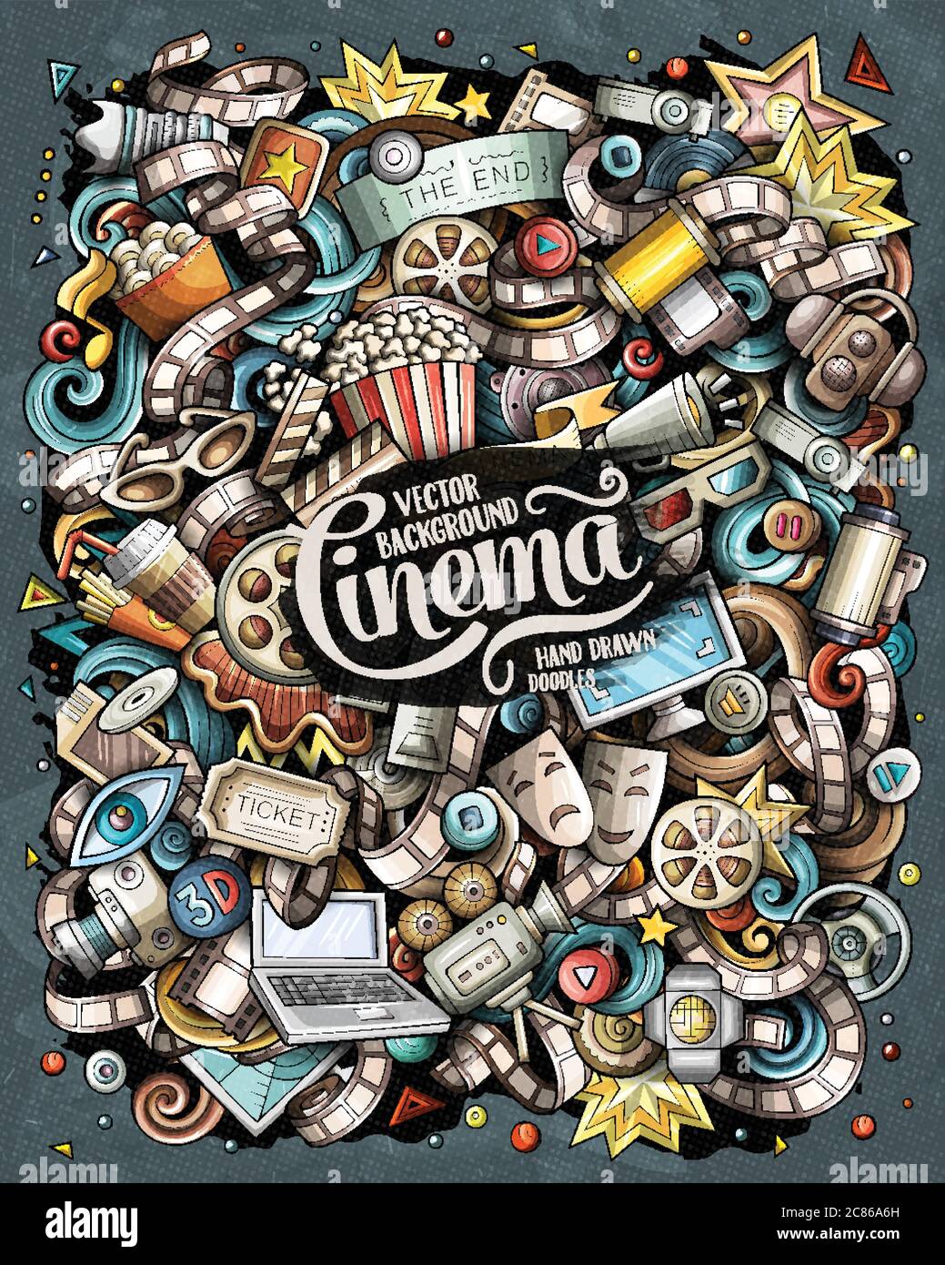 Cartoon vector doodles Cinema illustration. Movie funny picture Stock ...