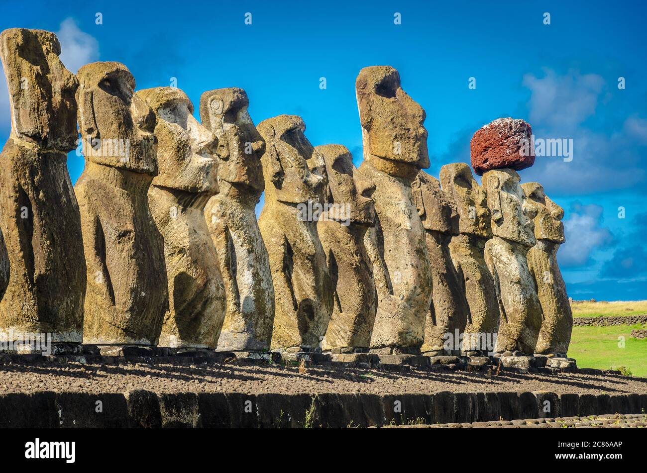 The Moai of Easter Island, Chile. All the moai here face sunset during ...