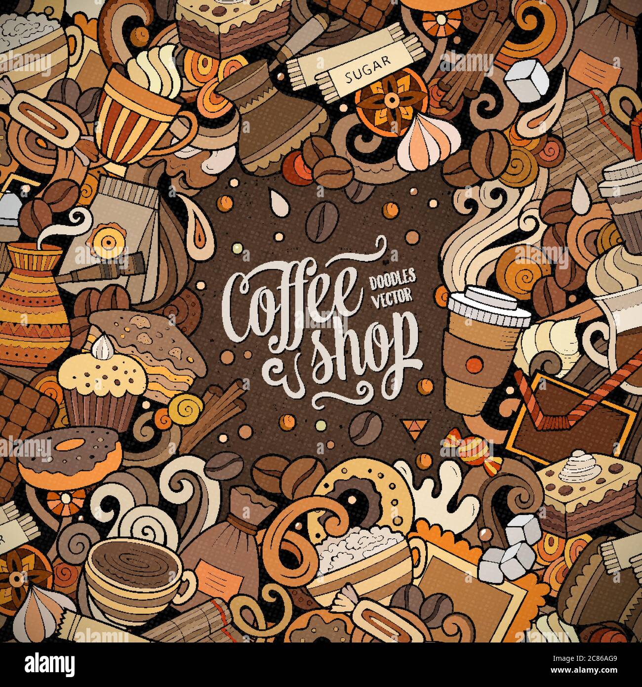 Cartoon vector doodles Coffee frame. Bright colors Cafe funny border ...