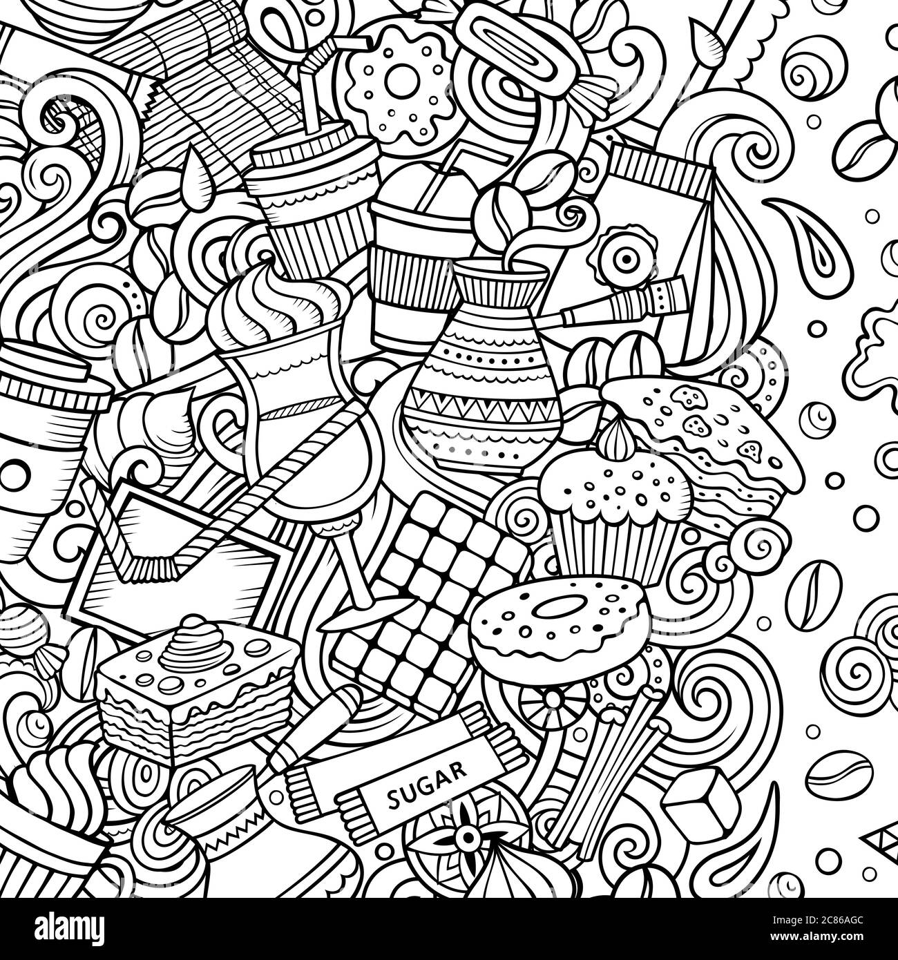 Cartoon vector doodles Coffee frame. Sketchy Cafe funny border Stock ...