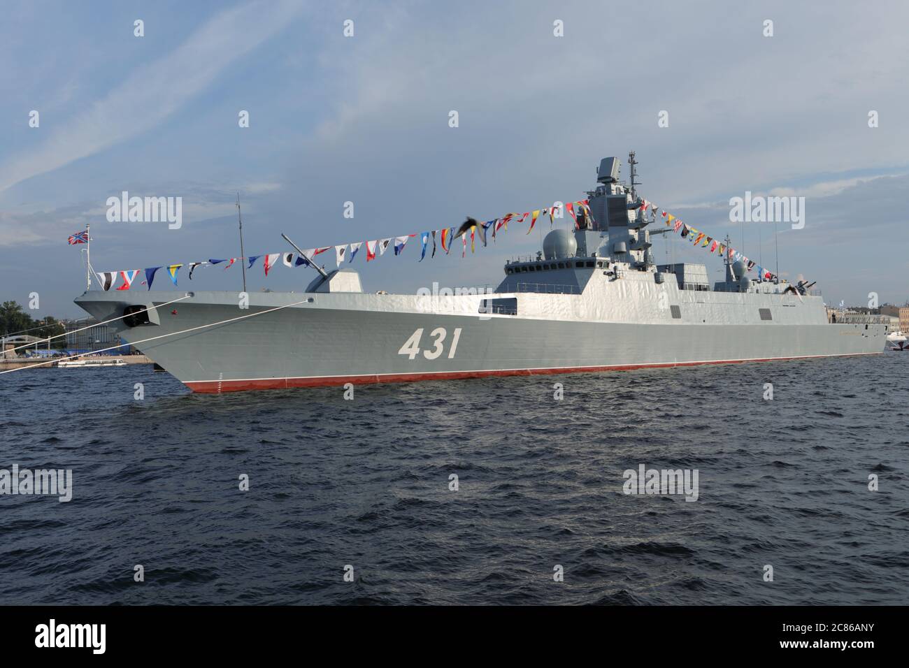 Russian Navy frigate Admiral Kasatonov on Neva river in St. Petersburg ...