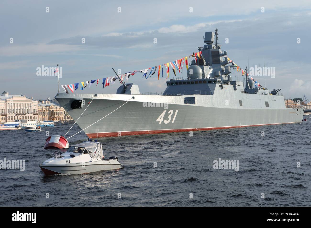 Russian Navy frigate Admiral Kasatonov on Neva river in St. Petersburg ...