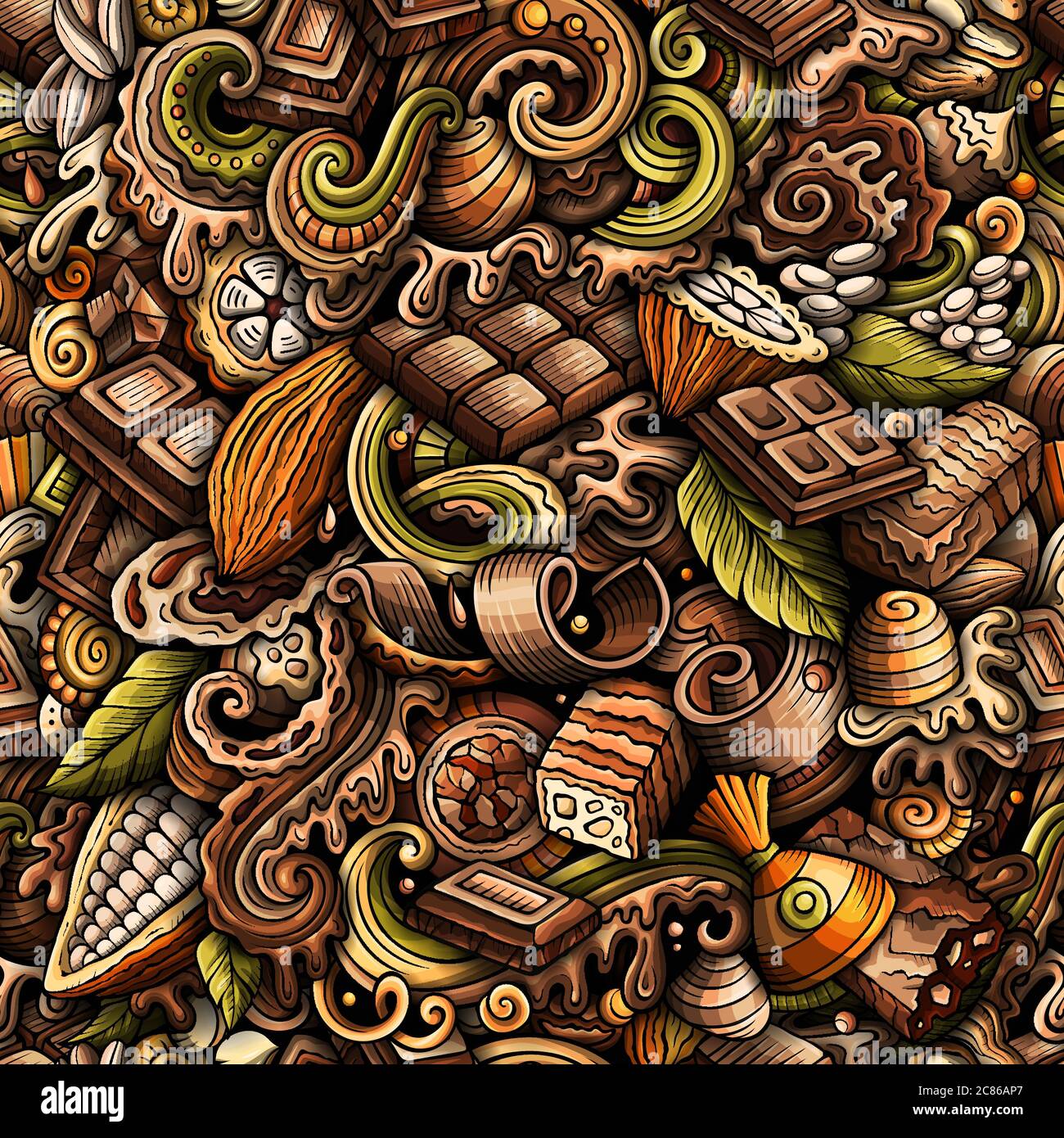 Chocolate hand drawn doodles seamless pattern. Cocoa vector ...