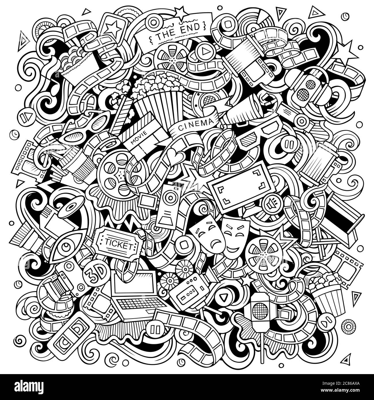 Cartoon line art vector funny doodles Cinema illustration Stock Vector ...