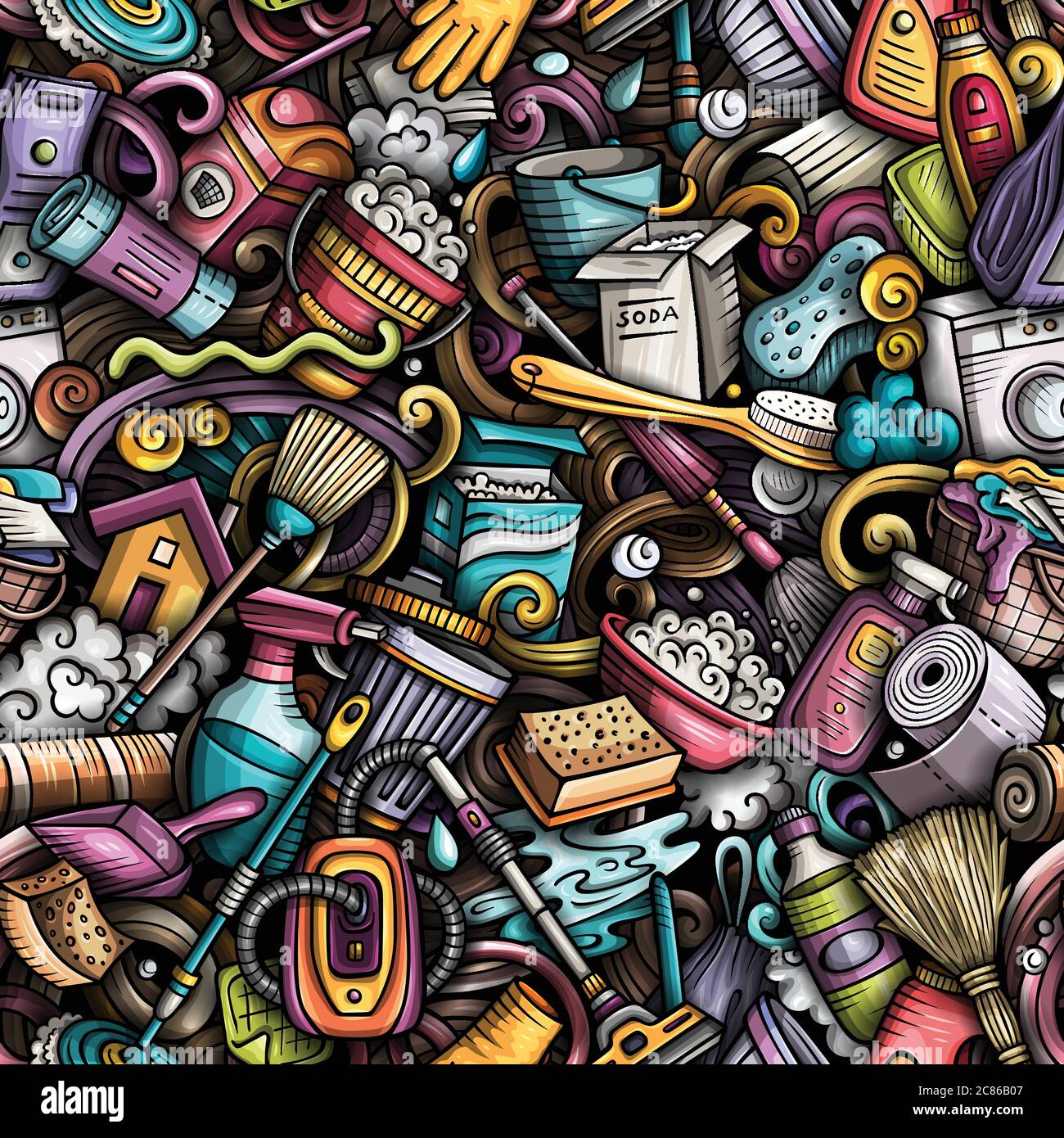 Cartoon cute doodles hand drawn Cleaning seamless pattern Stock Vector ...