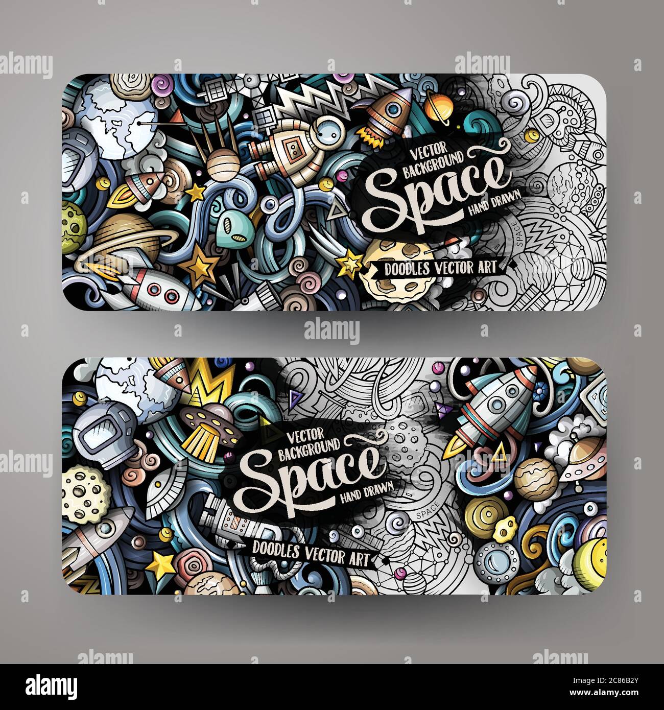 Cartoon cute doodles hand drawn space banners Stock Vector Image & Art ...
