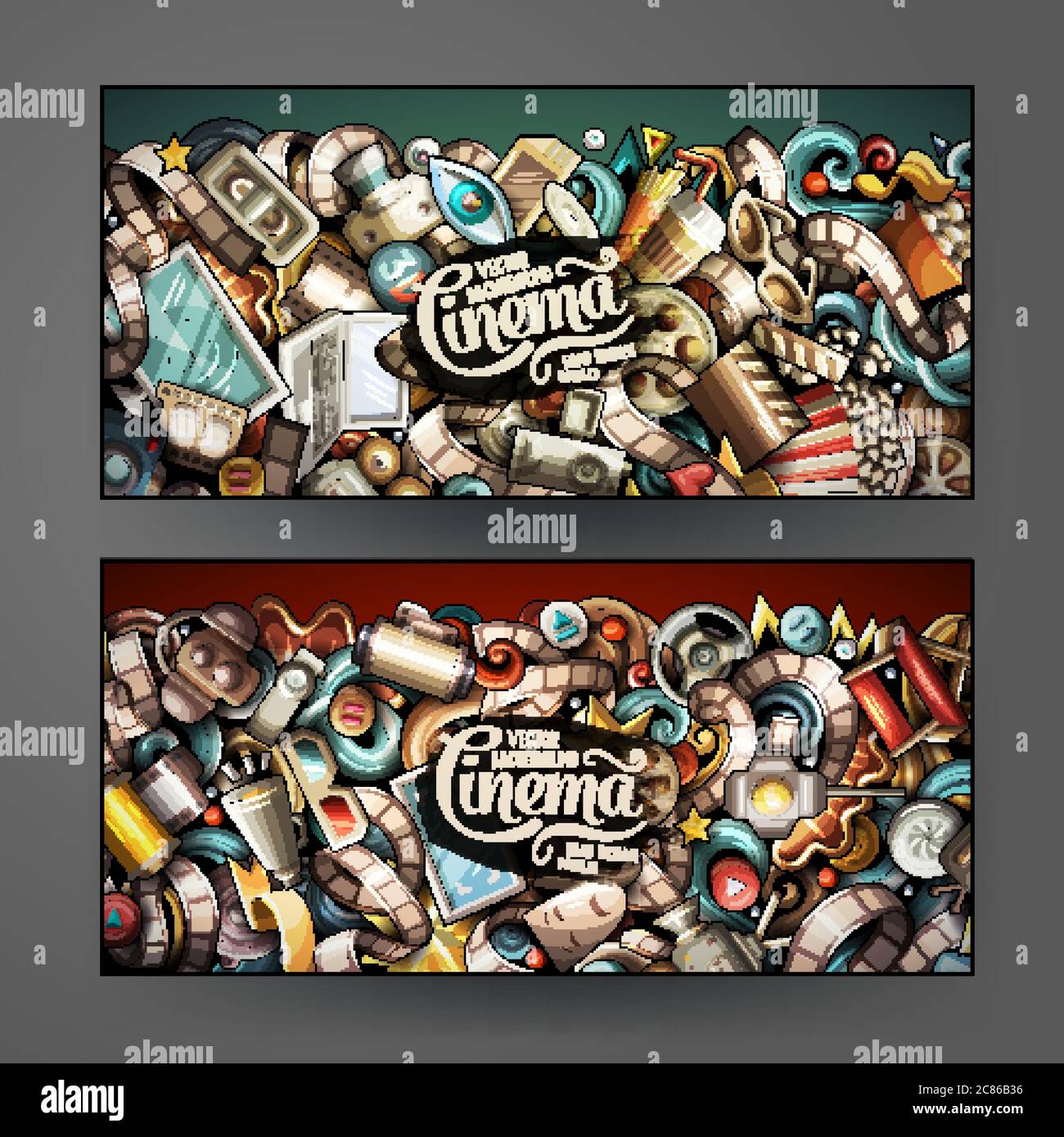 Cartoon vector doodles Cinema horizontal banners Stock Vector Image ...