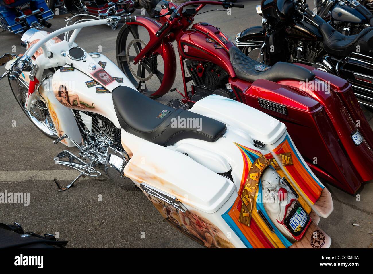 Sturgis, South Dakota - August 9, 2014: Detail of bikes parked at the ...