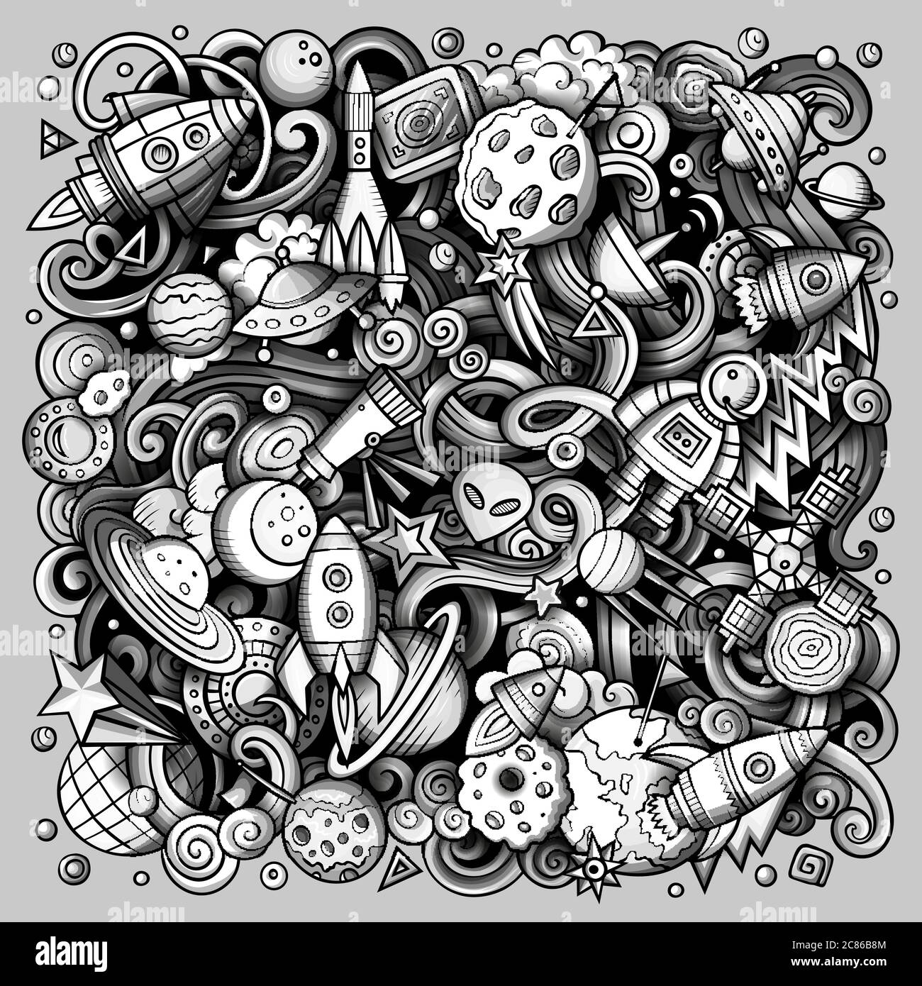 Cartoon vector doodles Space illustration. Toned cosmic funny picture ...