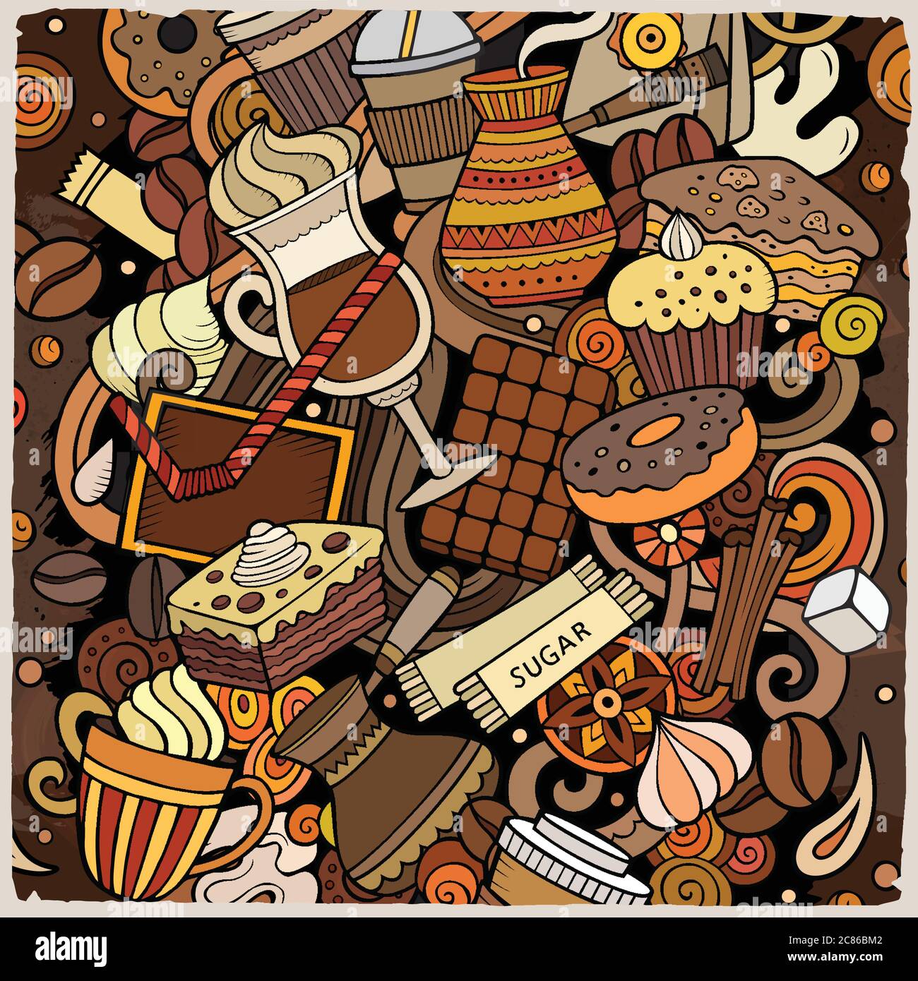 Cartoon vector doodles Coffee House illustration. Bright colors Cafe ...