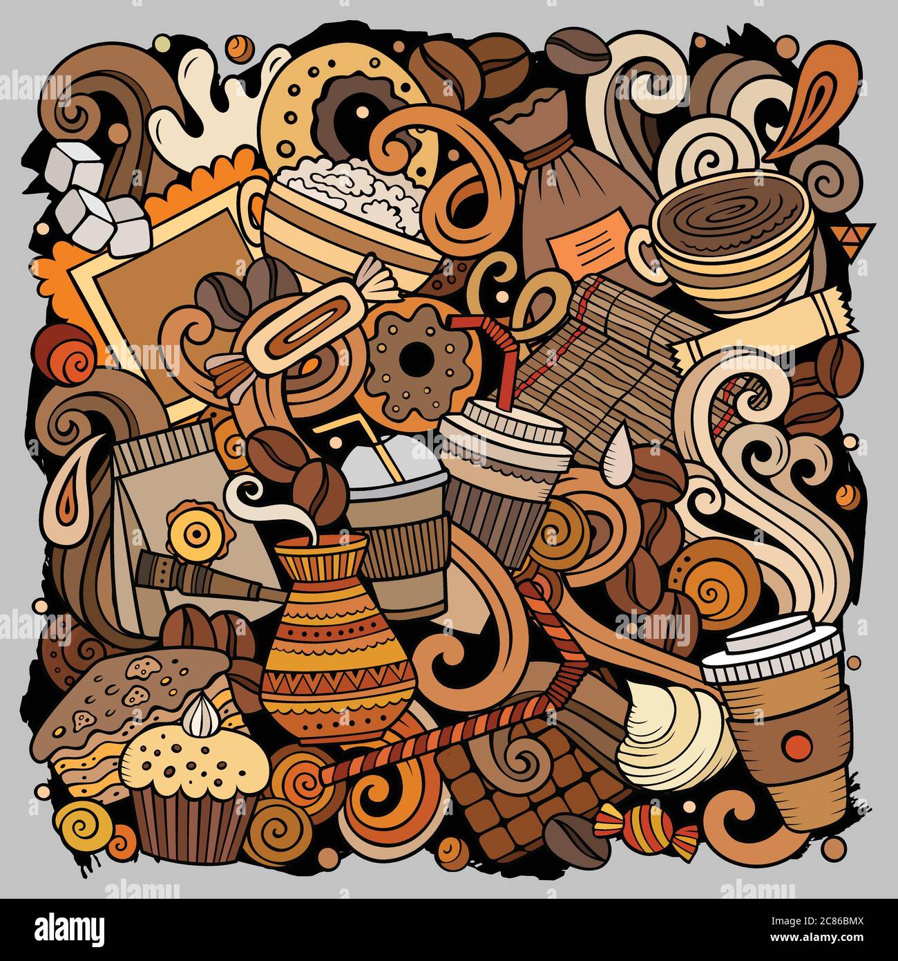 Cartoon vector doodles Coffee House illustration. Bright colors Cafe ...