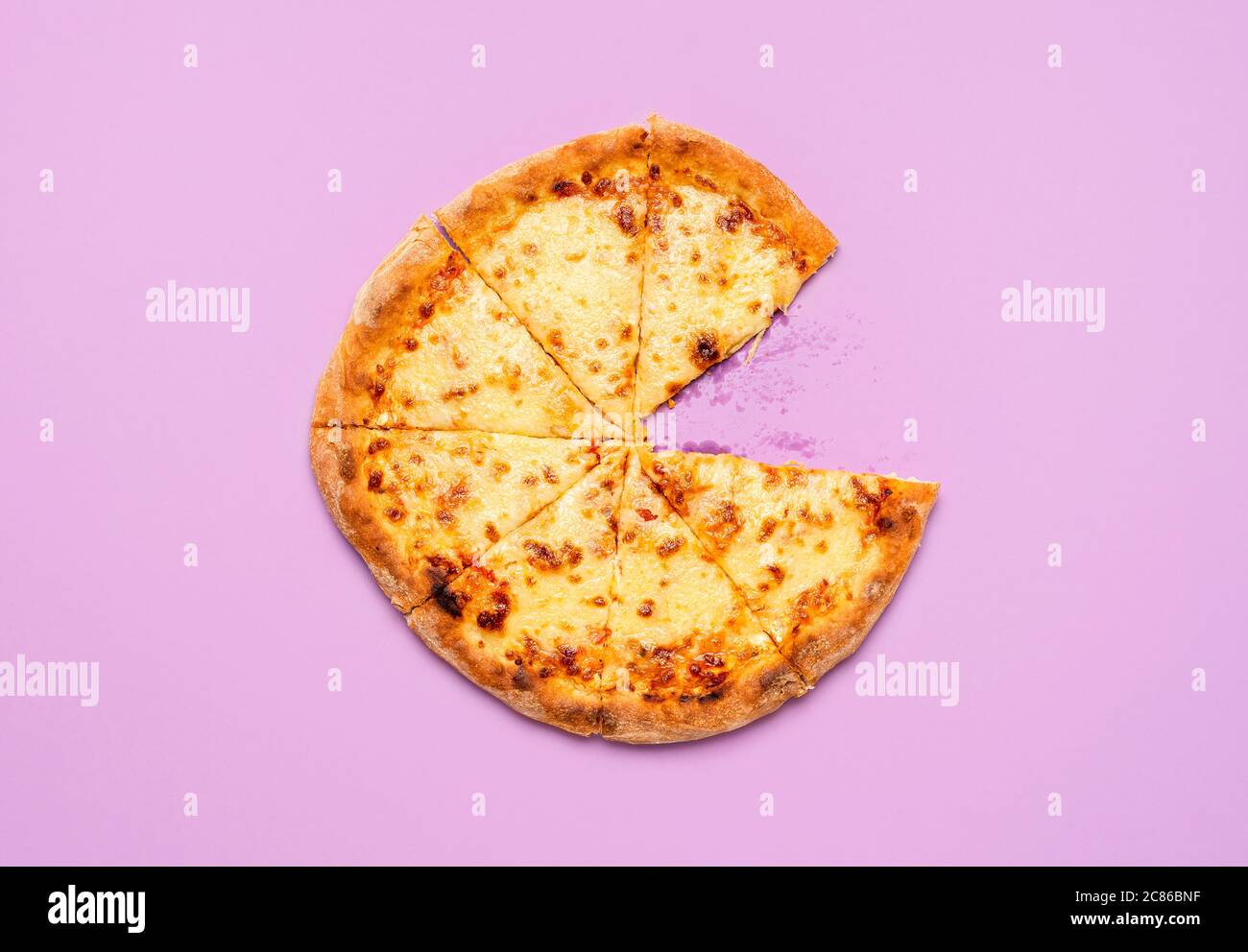 Basic cheese pizza sliced in portions with a missing slice, isolated on ...