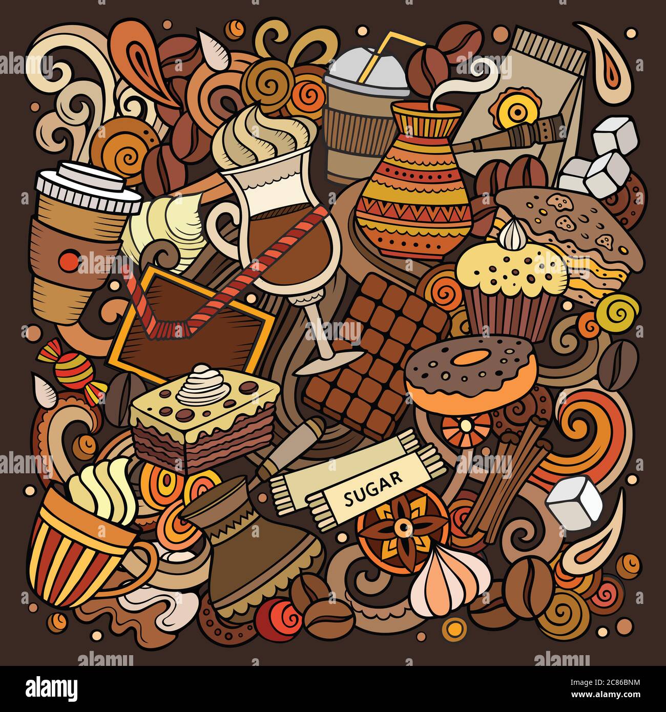 Cartoon vector doodles Coffee House illustration. Bright colors Cafe ...