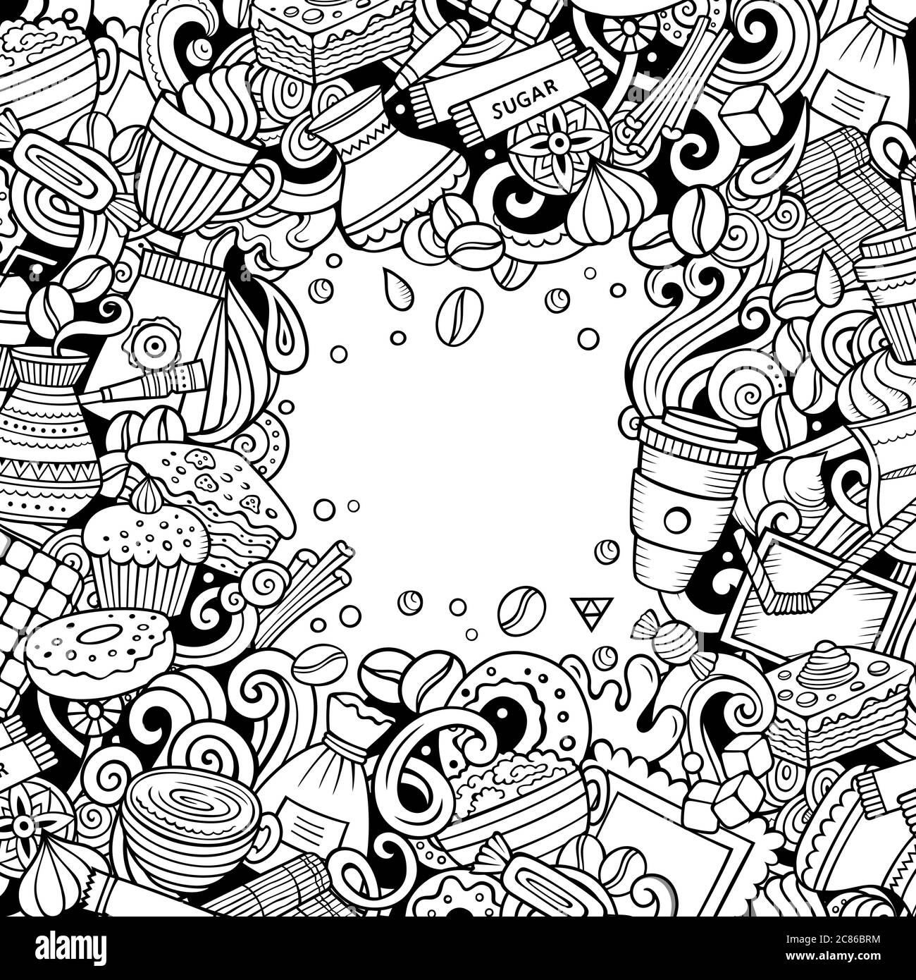 Cartoon vector doodles Coffee frame. Sketchy Cafe funny border Stock ...