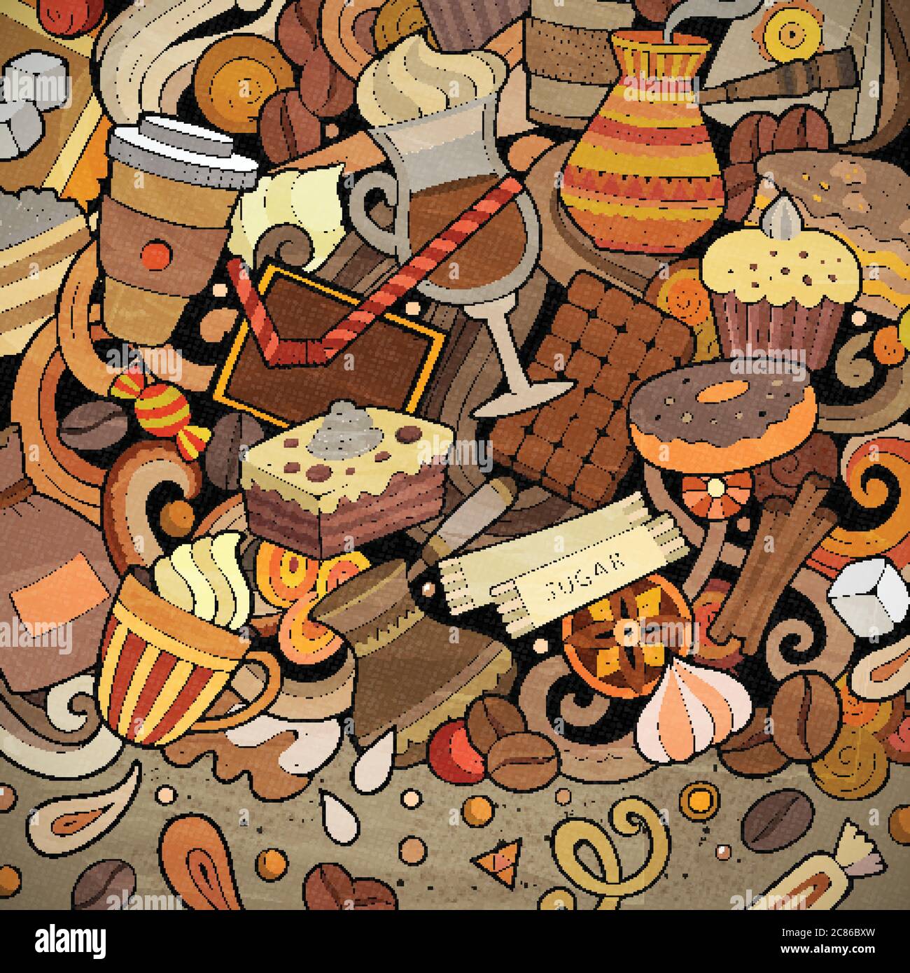 Cartoon vector doodles Coffee frame. Bright colors Cafe funny border ...