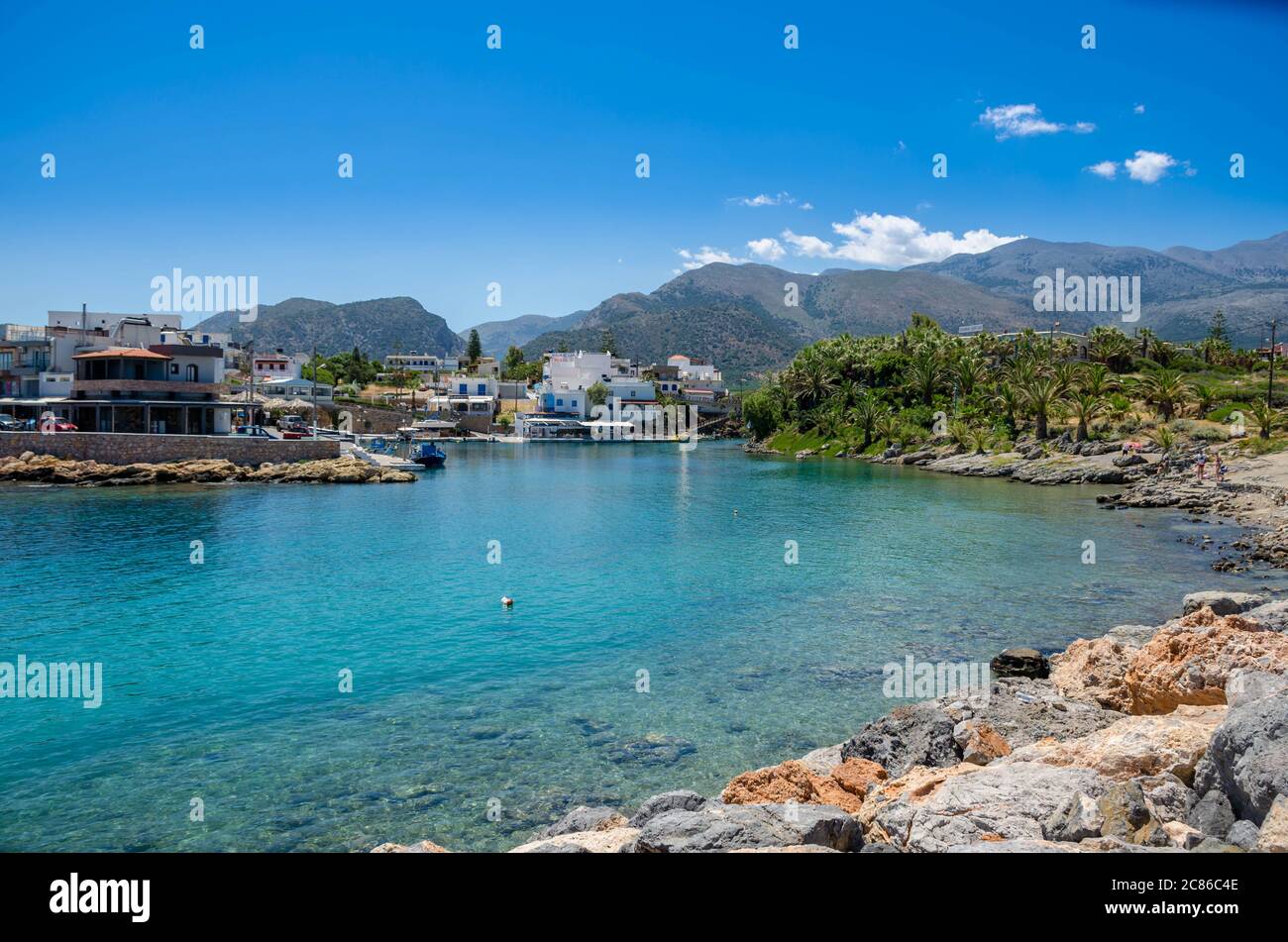 View of the port of the traditional seaside village of Sisi in Crete ...