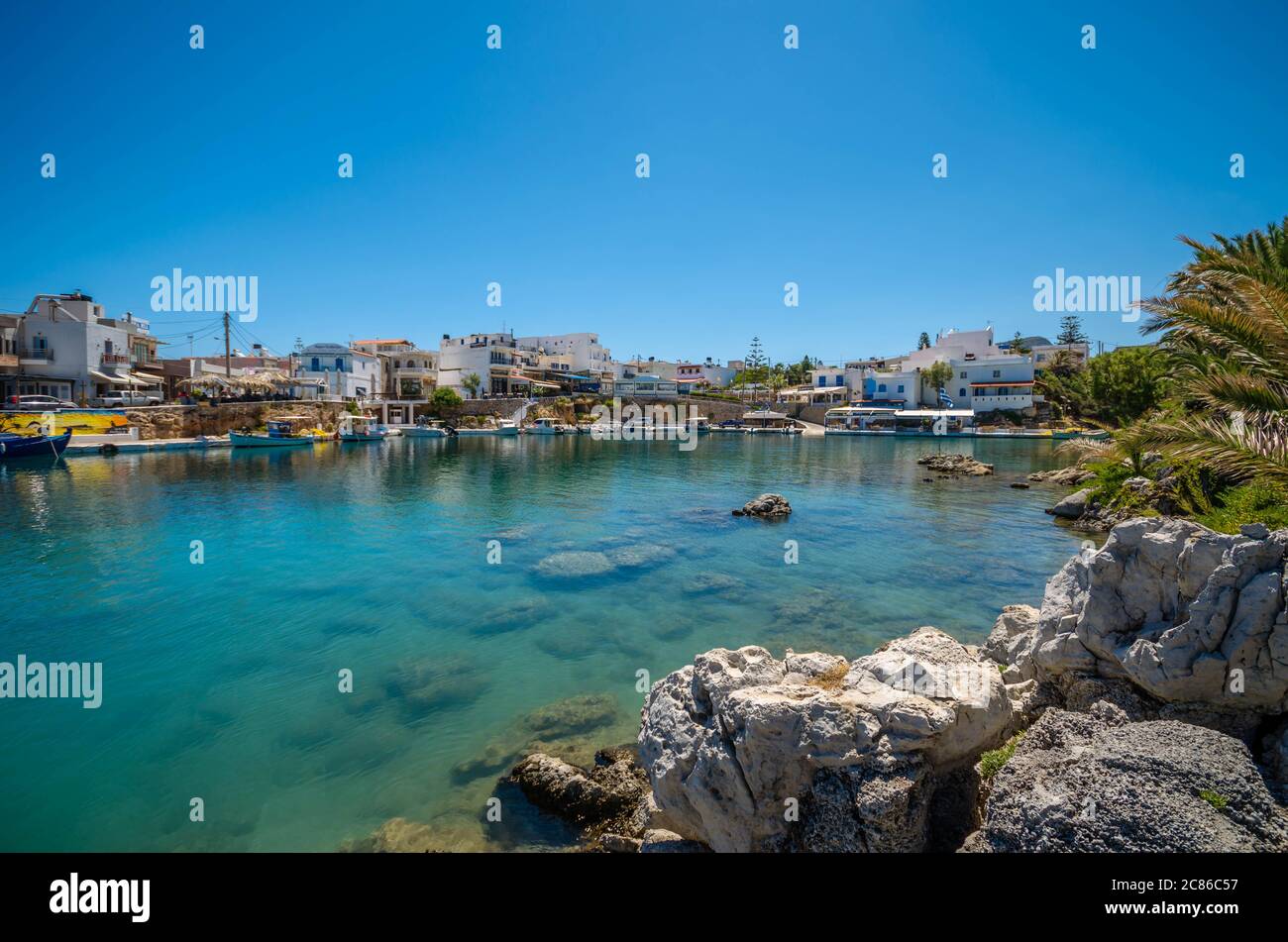 View of the port of the traditional seaside village of Sisi in Crete ...