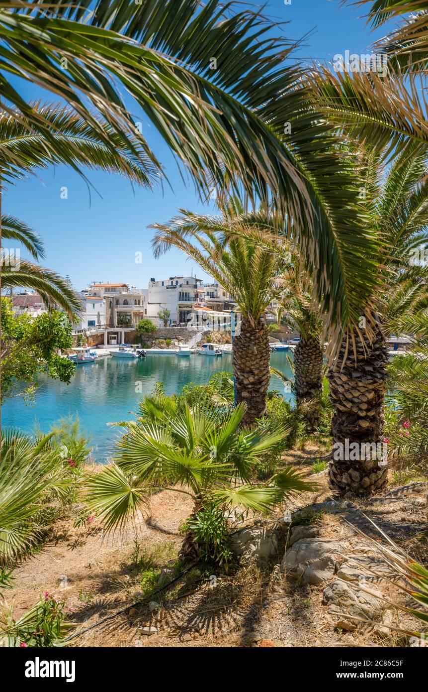 View of the port of the traditional seaside village of Sisi in Crete ...