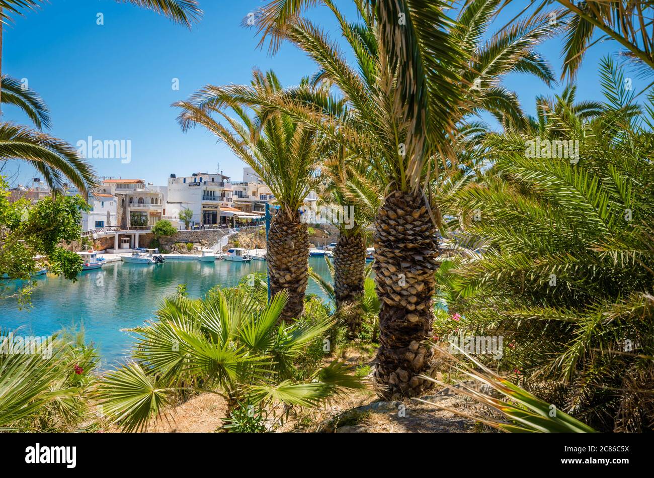 View of the port of the traditional seaside village of Sisi in Crete ...