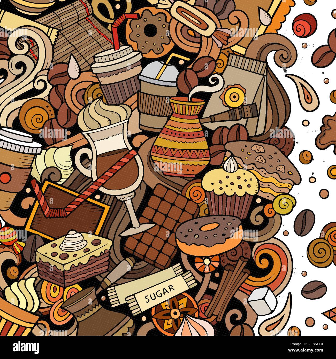 Cartoon vector doodles Coffee frame. Bright colors Cafe funny border ...