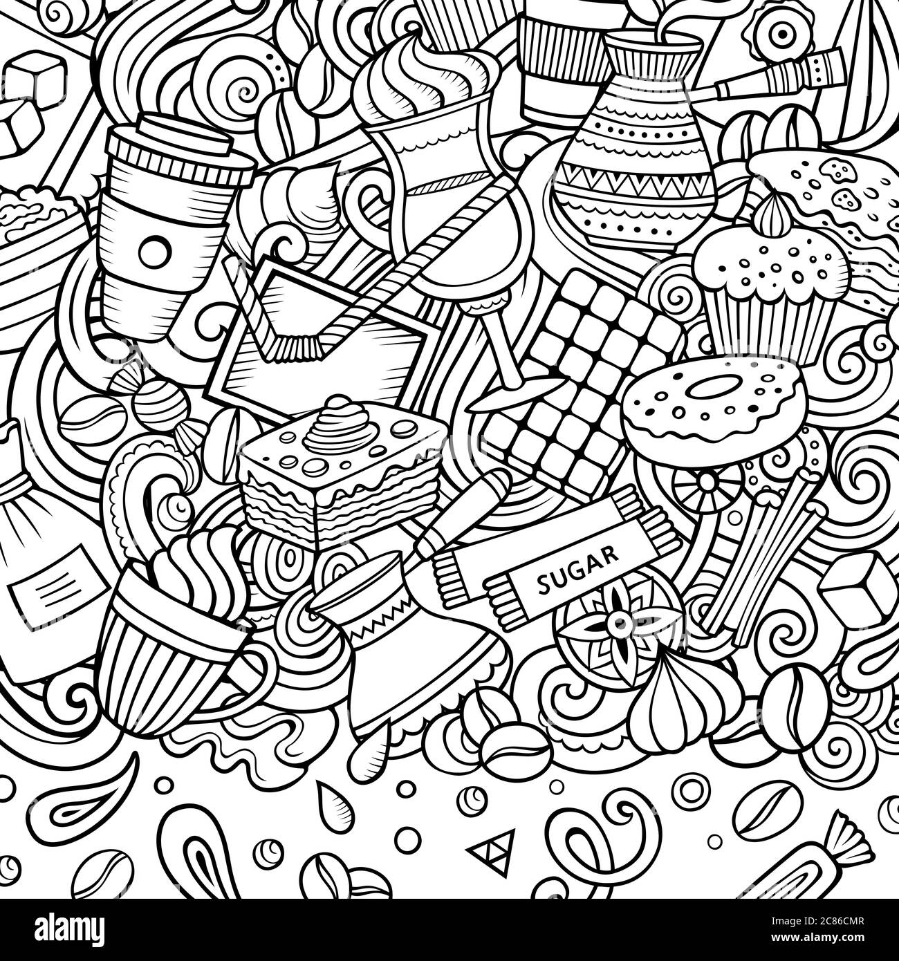 Cartoon vector doodles Coffee frame. Sketchy Cafe funny border Stock ...