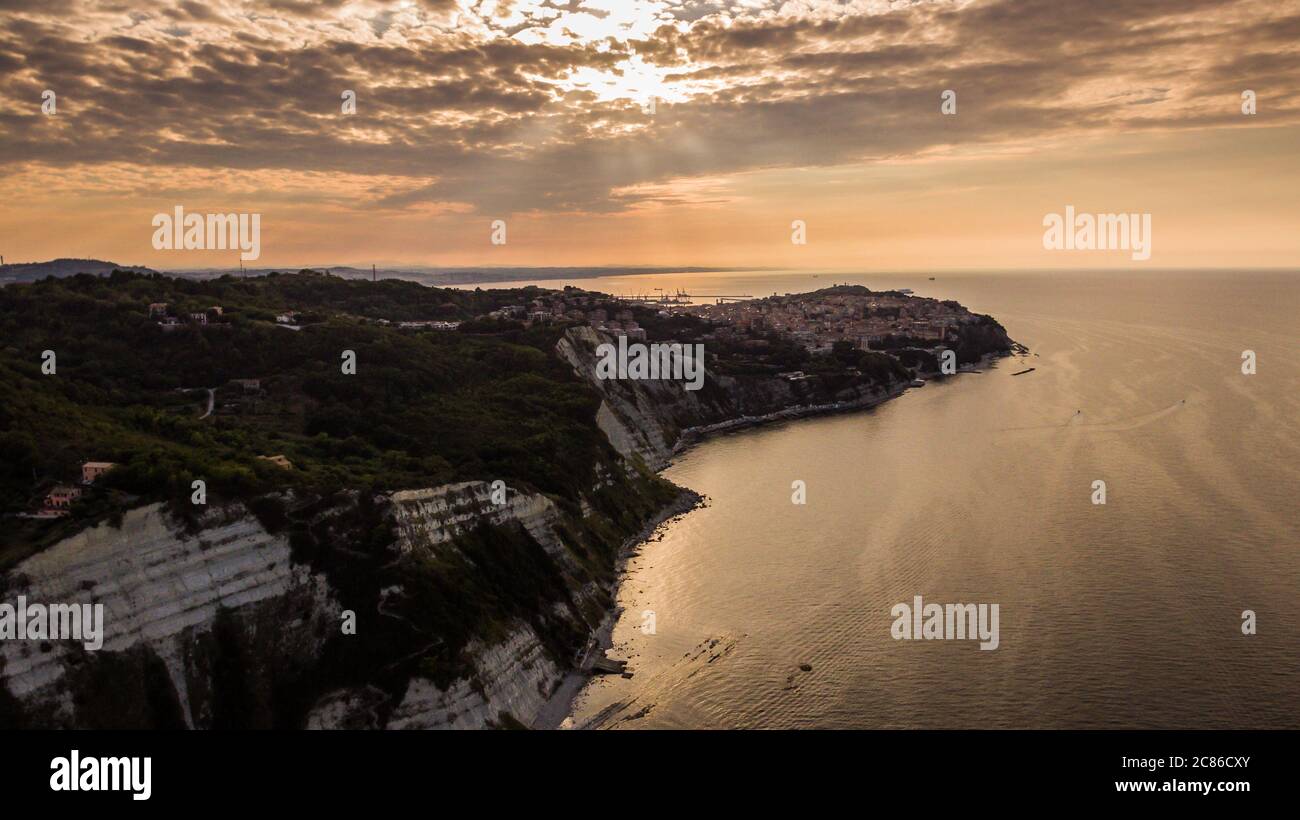 The city of Ancona seen from above over the sea at sunset Stock Photo ...
