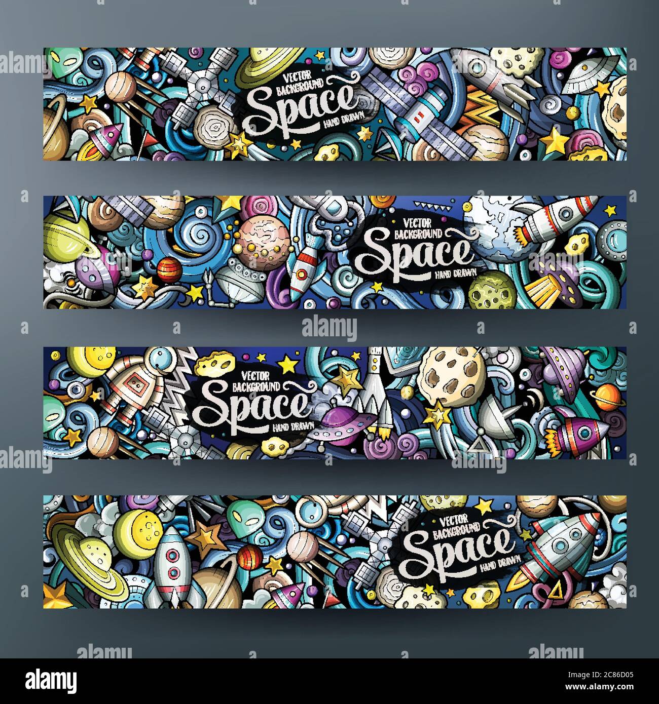 Cartoon cute doodles hand drawn space banners Stock Vector Image & Art ...