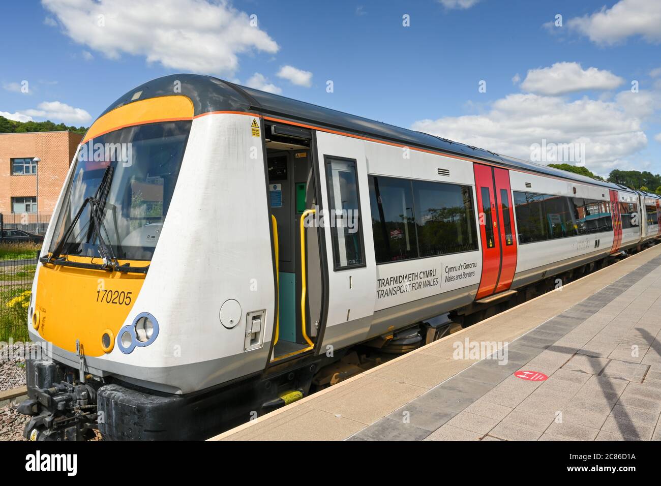 Ebbw Vale, Wales - July 2020: Passenger train alongside the platform at ...
