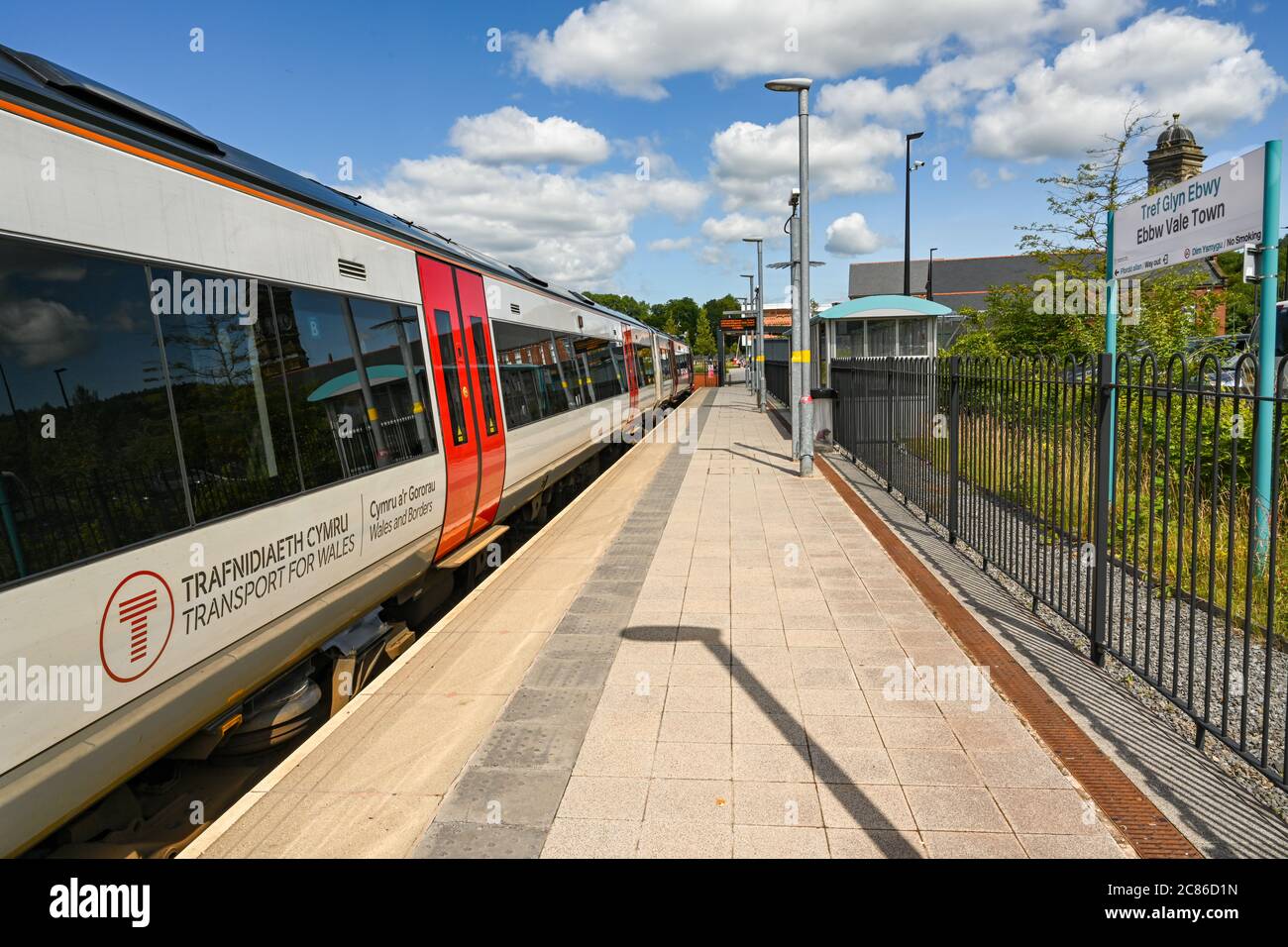 Ebbw Vale, Wales - July 2020: Passenger train alongside the platform at ...