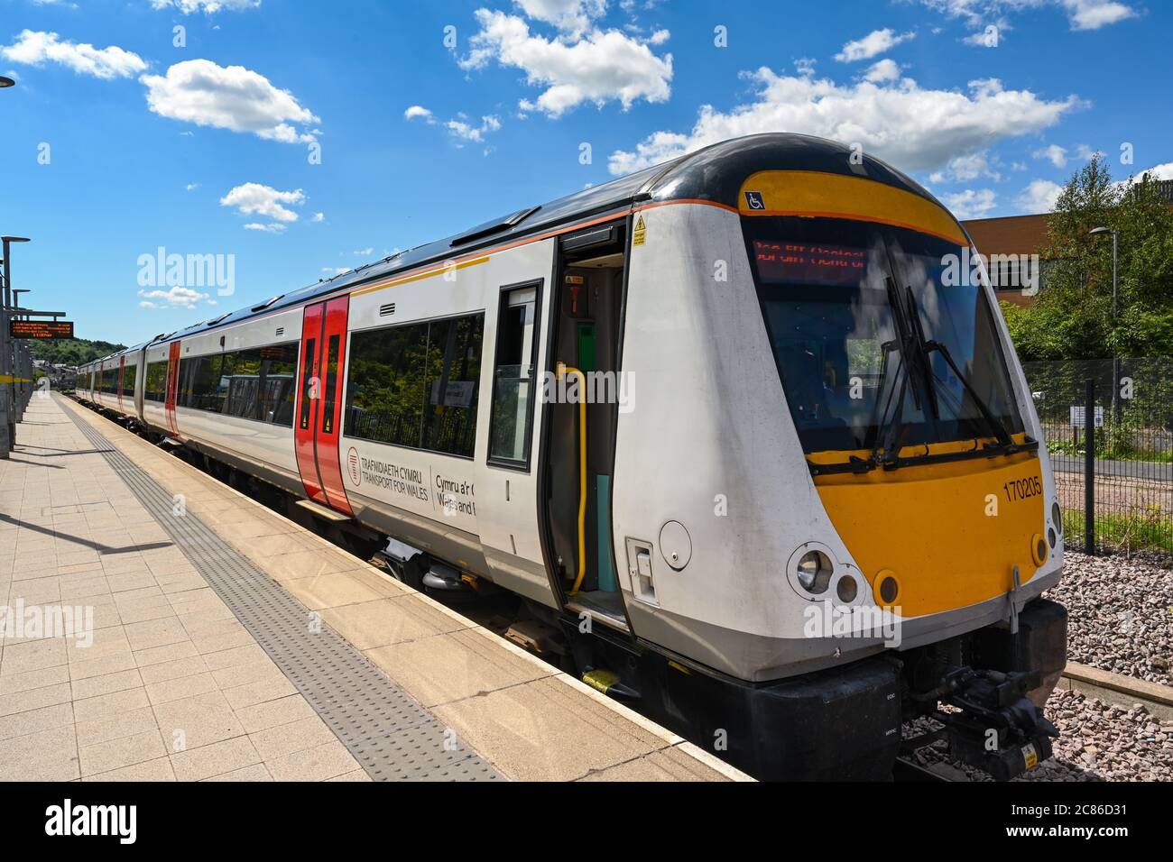 Ebbw Vale, Wales - July 2020: Passenger train alongside the platform at ...