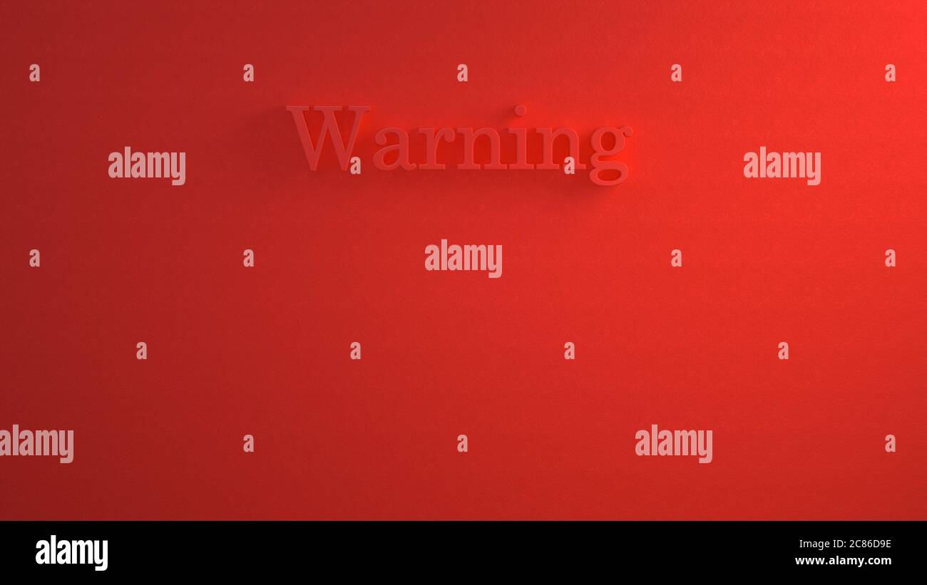 3d illustration of red word warning on red wall background with shadow ...