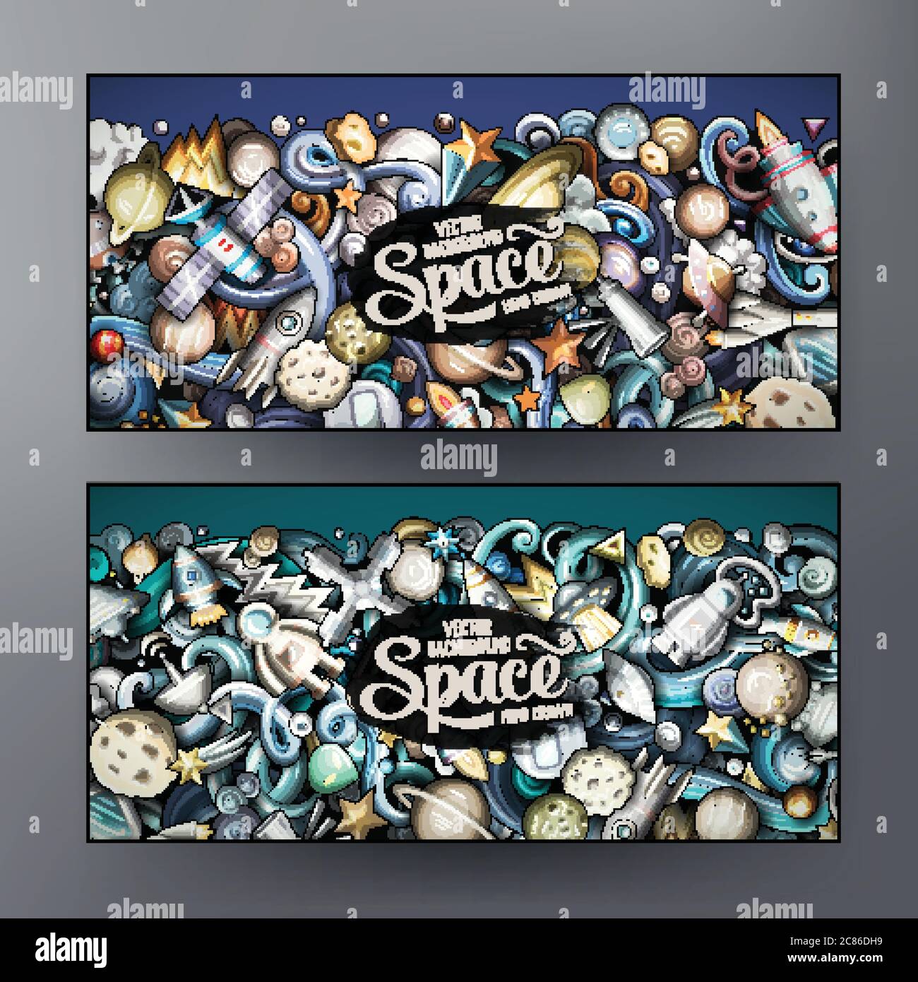 Cartoon cute doodles hand drawn space banners Stock Vector Image & Art ...