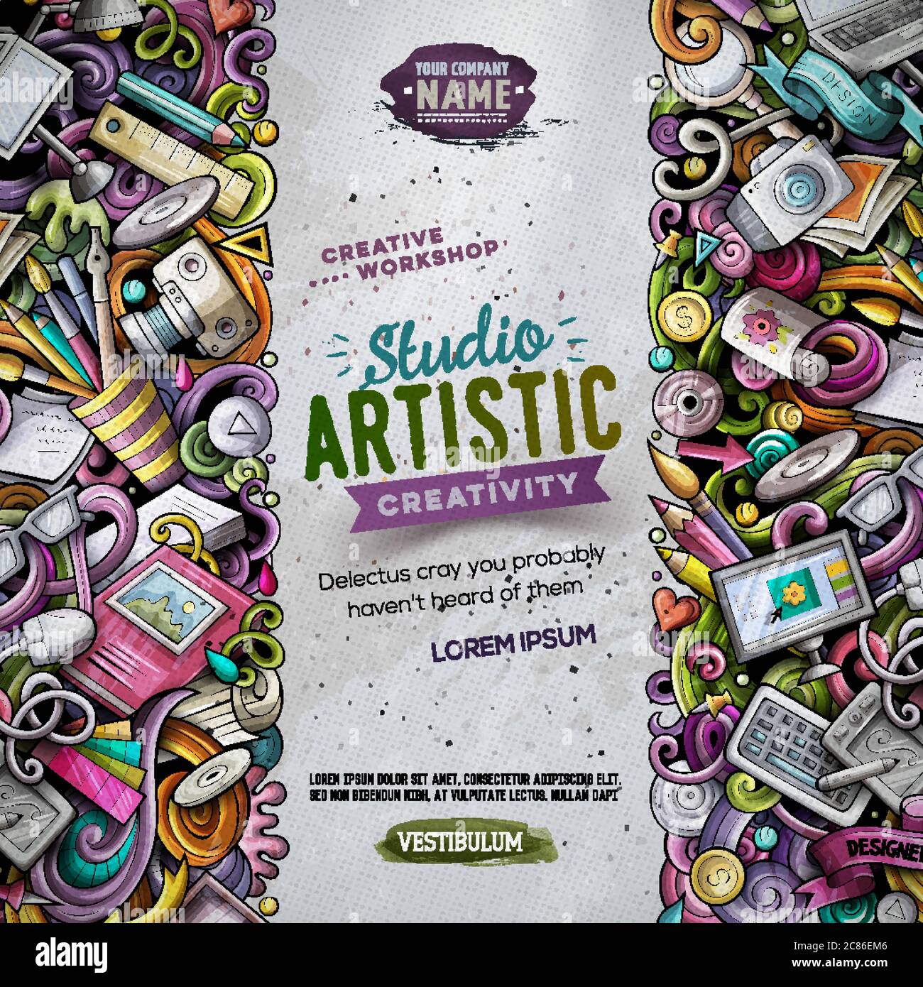 Cartoon vector doodles Design horizontal stripe card. Artistic funny ...