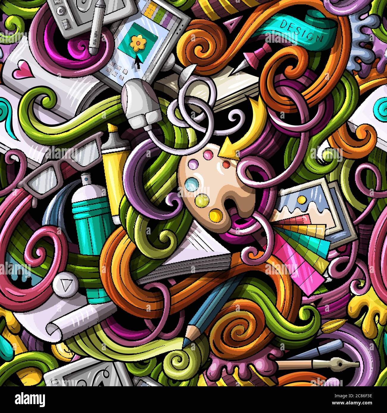 Cartoon hand-drawn doodles on the subject of Design seamless pattern ...