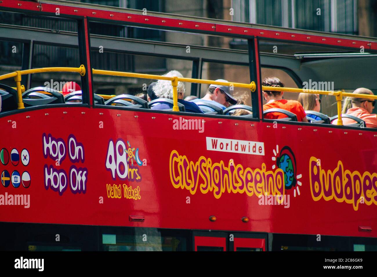 Budapest Hungary july 20, 2020 View of a Hungarian tourist bus driving ...