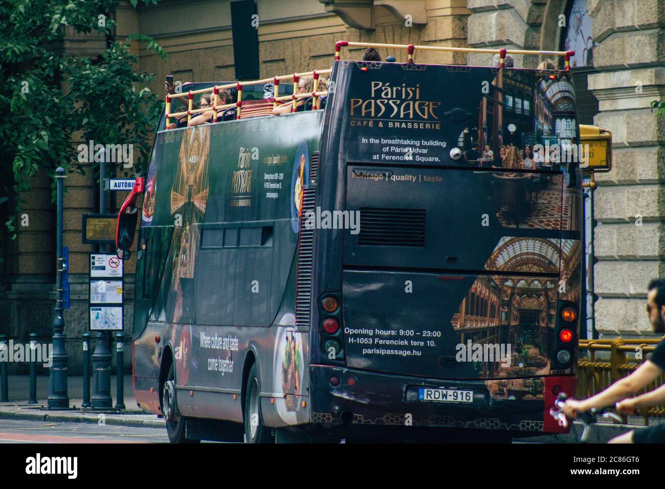 Budapest Hungary july 20, 2020 View of a Hungarian tourist bus driving ...