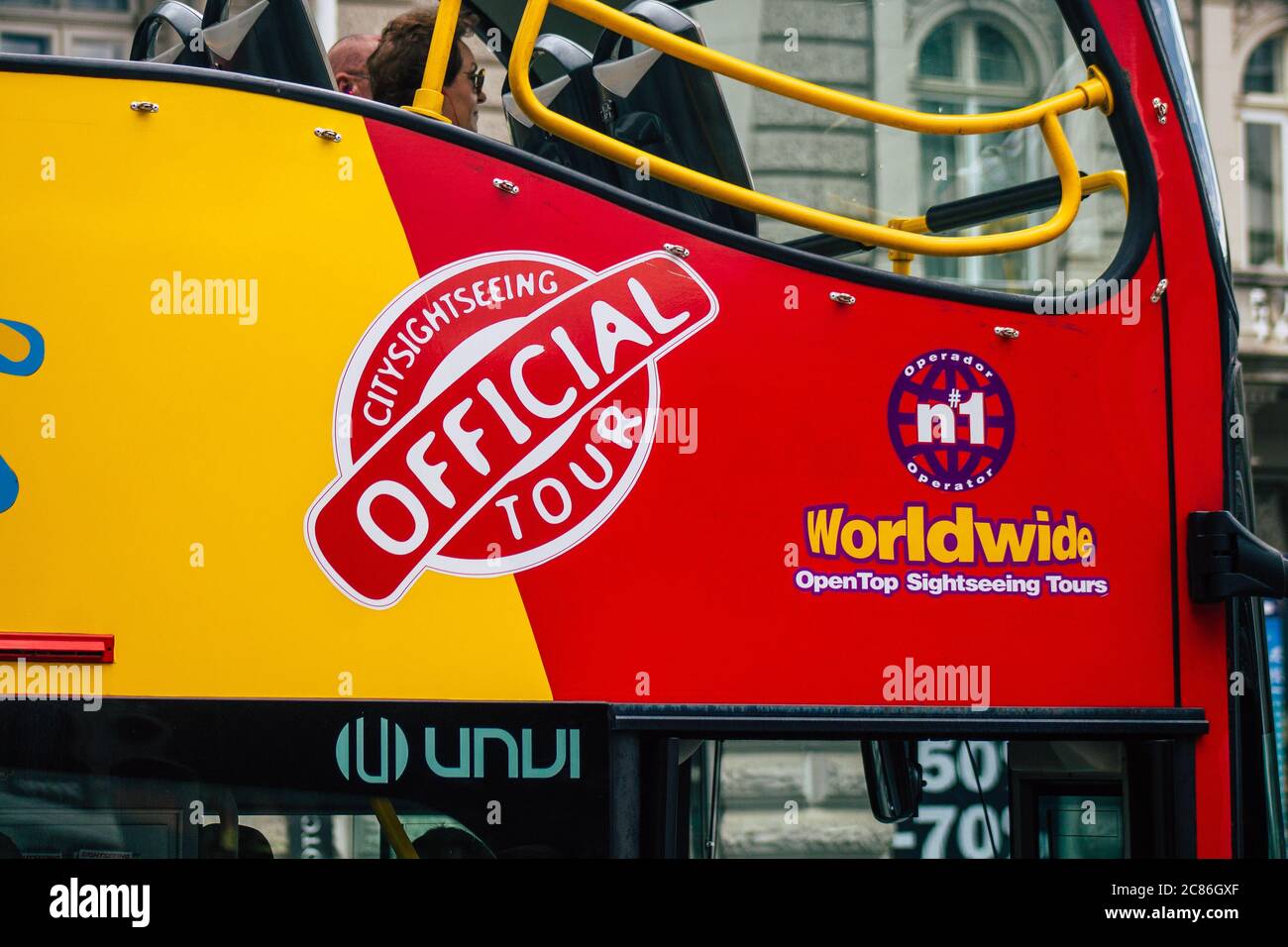 Budapest Hungary july 20, 2020 View of a Hungarian tourist bus driving ...
