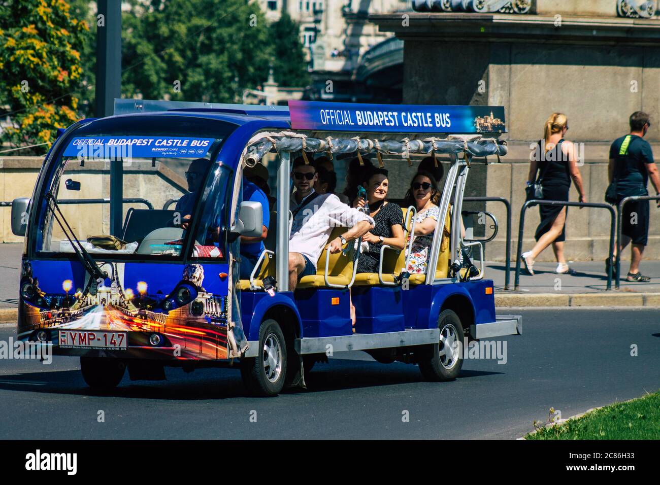 Budapest Hungary july 20, 2020 View of a Hungarian tourist bus driving ...