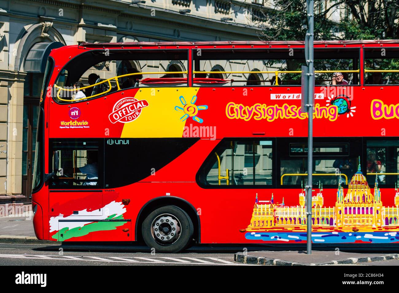Budapest Hungary july 20, 2020 View of a Hungarian tourist bus driving ...